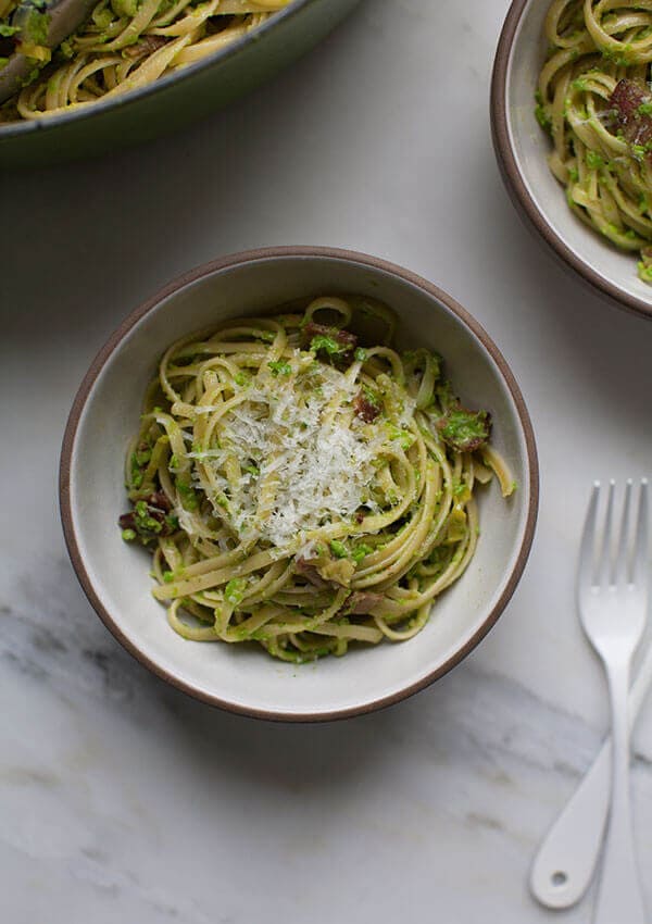 Spring Pea Pesto with Bacon and Leeks - A Cozy Kitchen