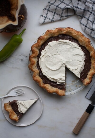 Green Chile Chocolate Pudding Pie - A Cozy Kitchen