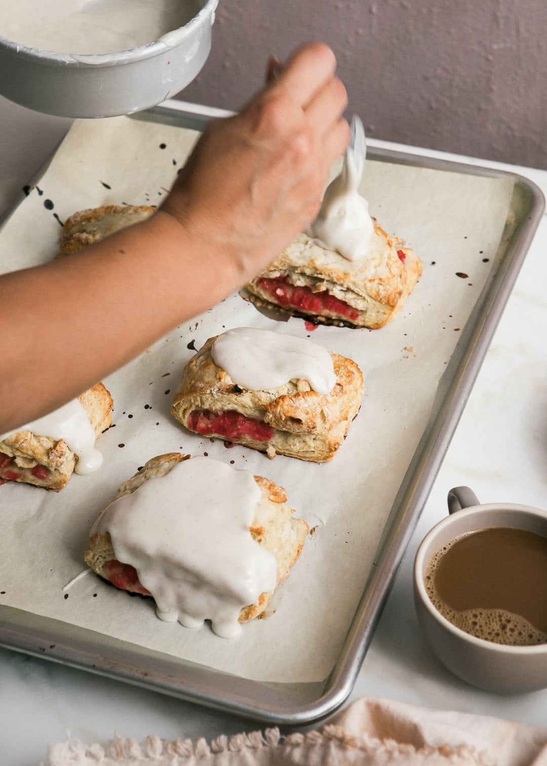 Roasted Rhubarb Scone Sandwiches with Vanilla Bean Glaze - A Cozy Kitchen