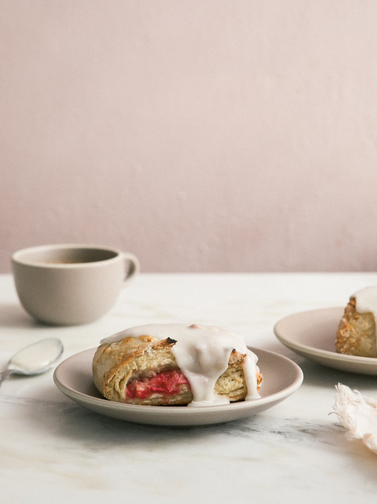 Roasted Rhubarb Scone Sandwiches with Vanilla Bean Glaze - A Cozy Kitchen