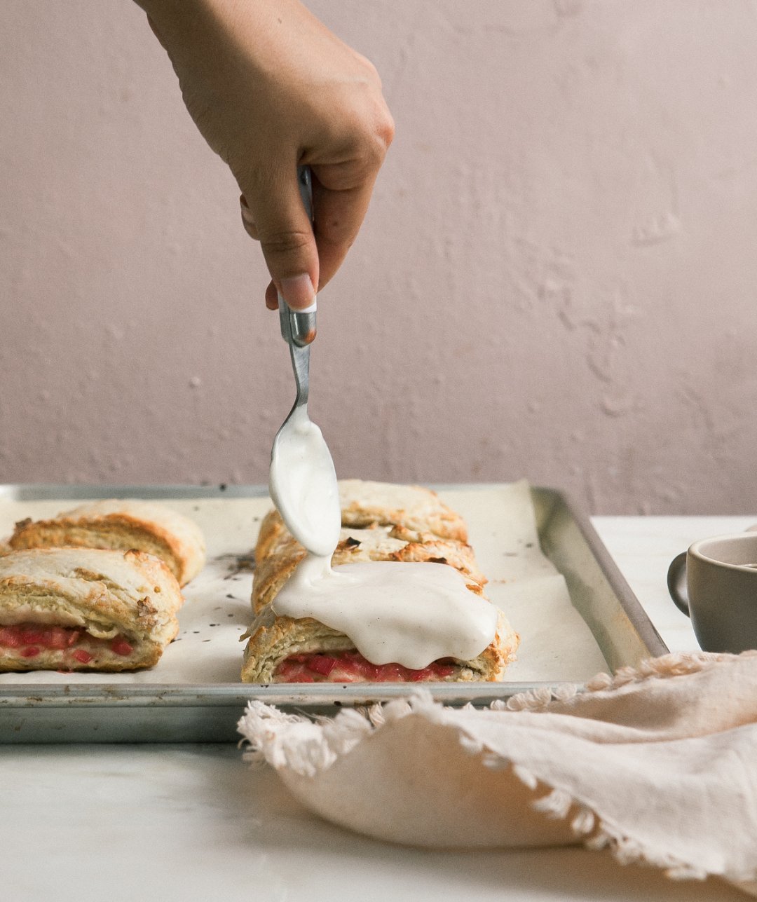 Roasted Rhubarb Scone Sandwiches with Vanilla Bean Glaze - A Cozy Kitchen