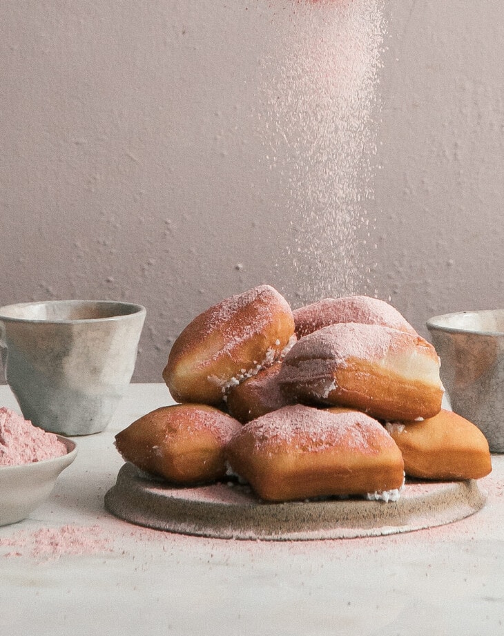 Overnight Beignets with Strawberry Powdered Sugar - A Cozy Kitchen