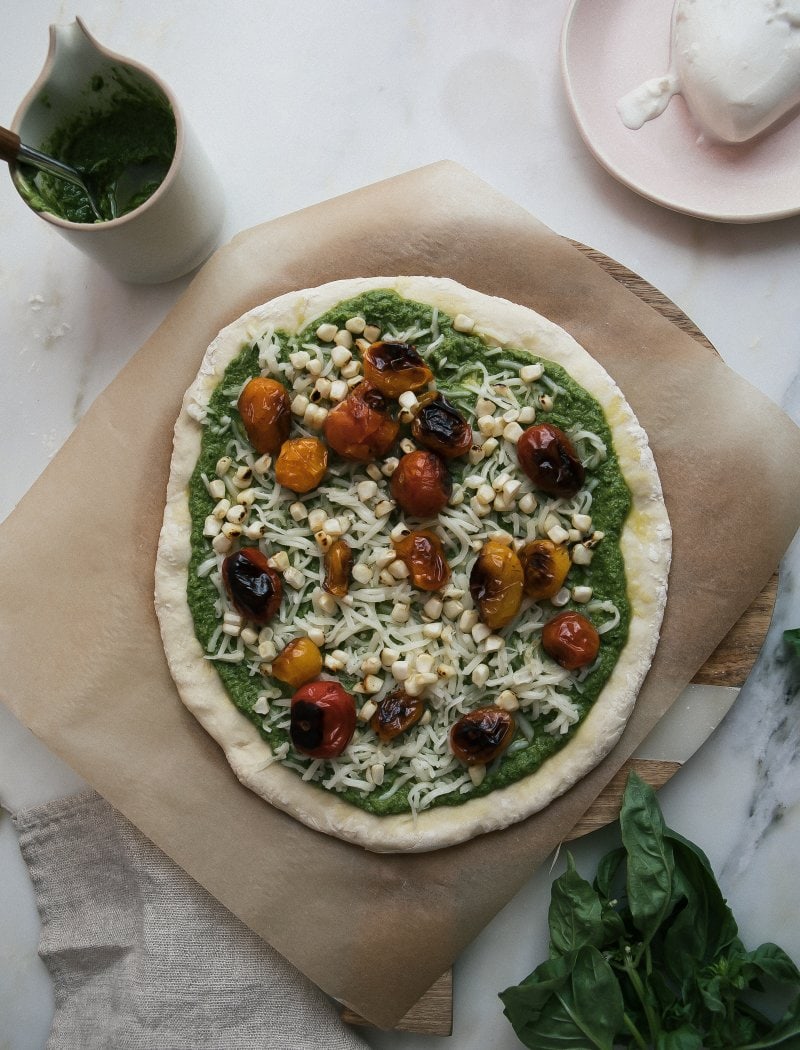 Blistered Tomatoes + Corn + Burrata Pizza - A Cozy Kitchen