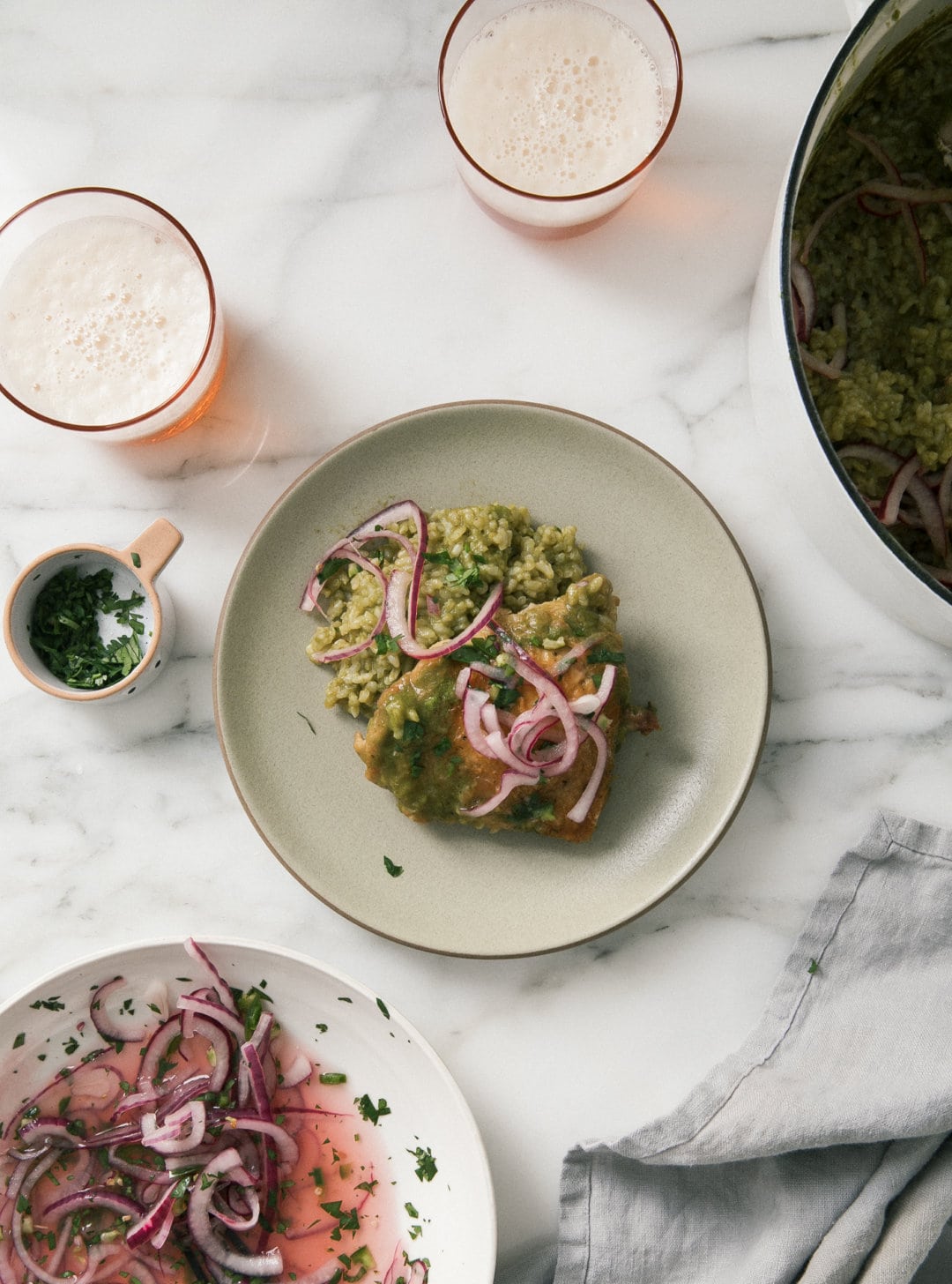 Peruvian Green Arroz con Pollo with Salsa Criolla - A Cozy Kitchen