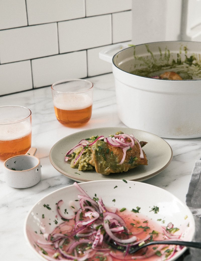 Peruvian Green Arroz con Pollo with Salsa Criolla - A Cozy Kitchen