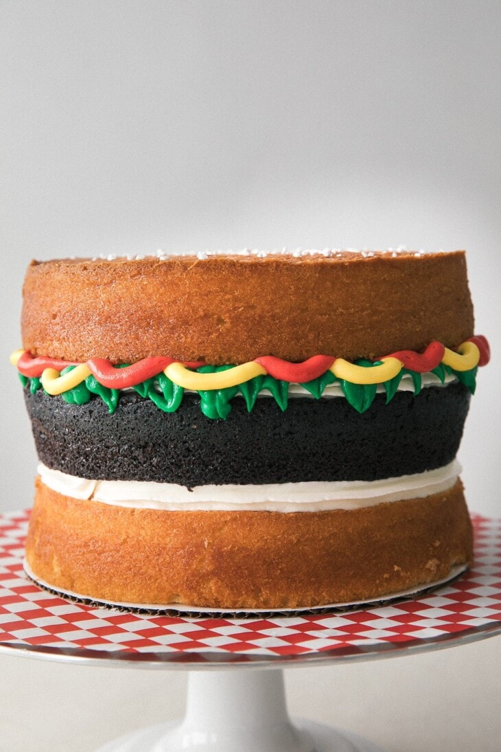 Hamburger Cake with Buttercream "Condiments" - A Cozy Kitchen