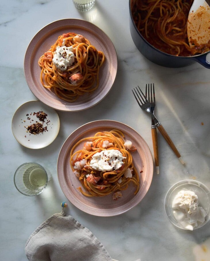 Spicy Lobster Bucatini with Burrata - A Cozy Kitchen