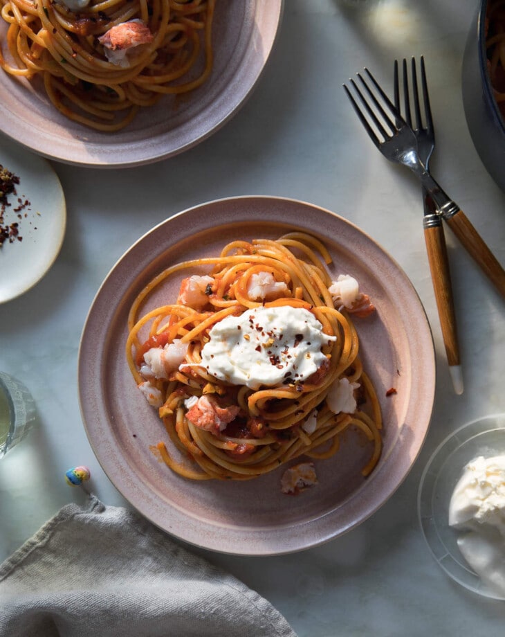 Spicy Lobster Bucatini with Burrata - A Cozy Kitchen