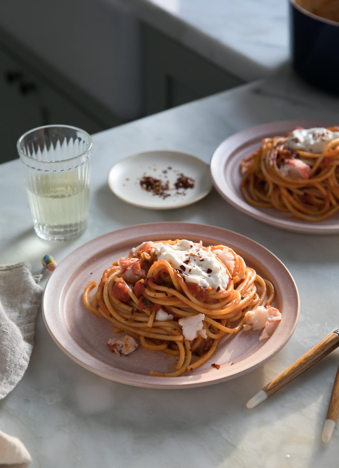 Spicy Lobster Bucatini with Burrata - A Cozy Kitchen