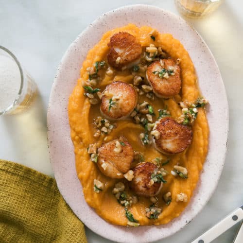 Seared Scallops with Cheesy Acorn Squash Mash - A Cozy Kitchen