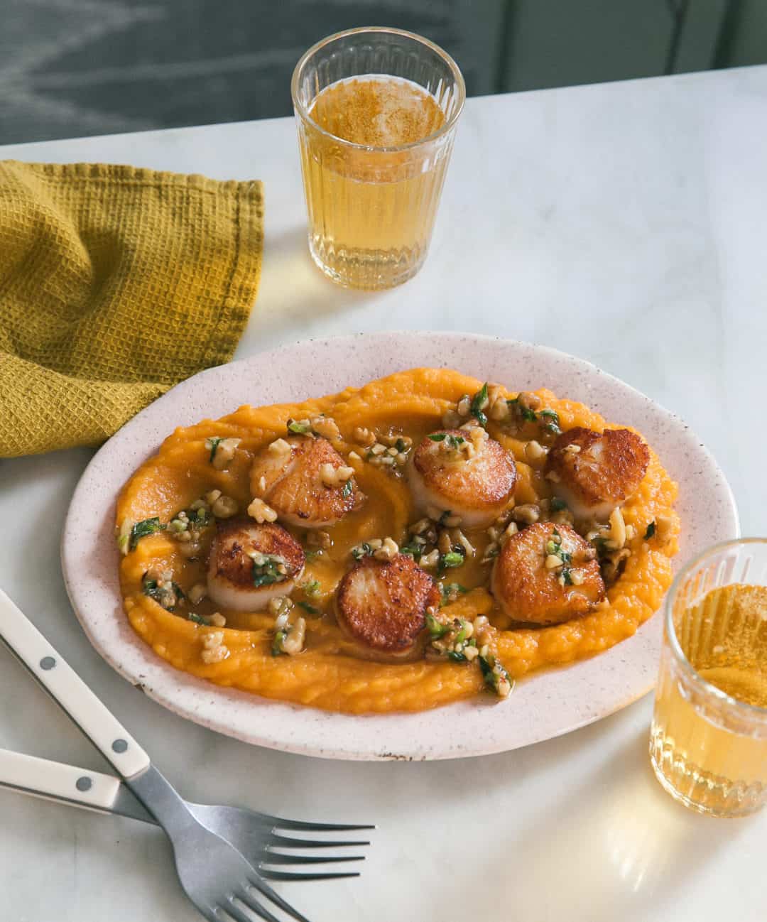 Seared Scallops with Cheesy Acorn Squash Mash - A Cozy Kitchen