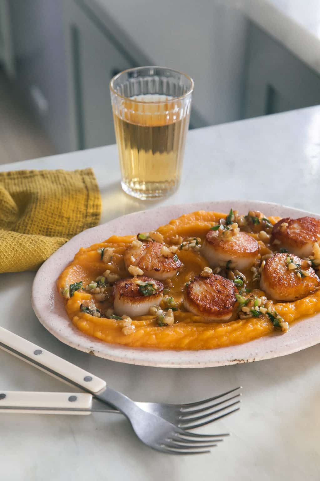 Seared Scallops with Cheesy Acorn Squash Mash - A Cozy Kitchen