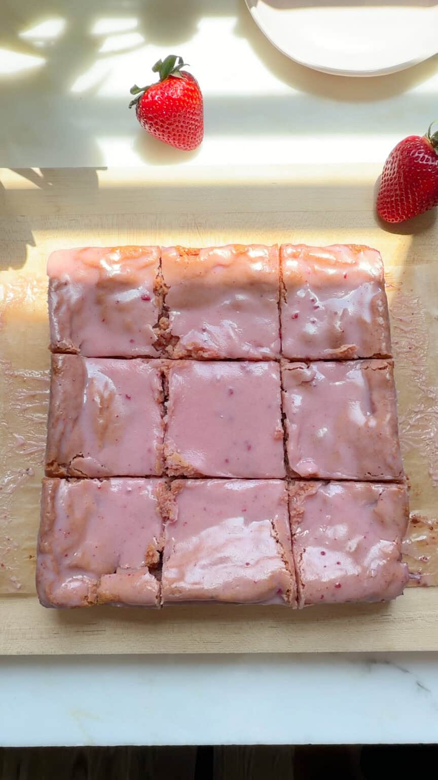 Strawberry Brownies with White Chocolate Glaze - A Cozy Kitchen